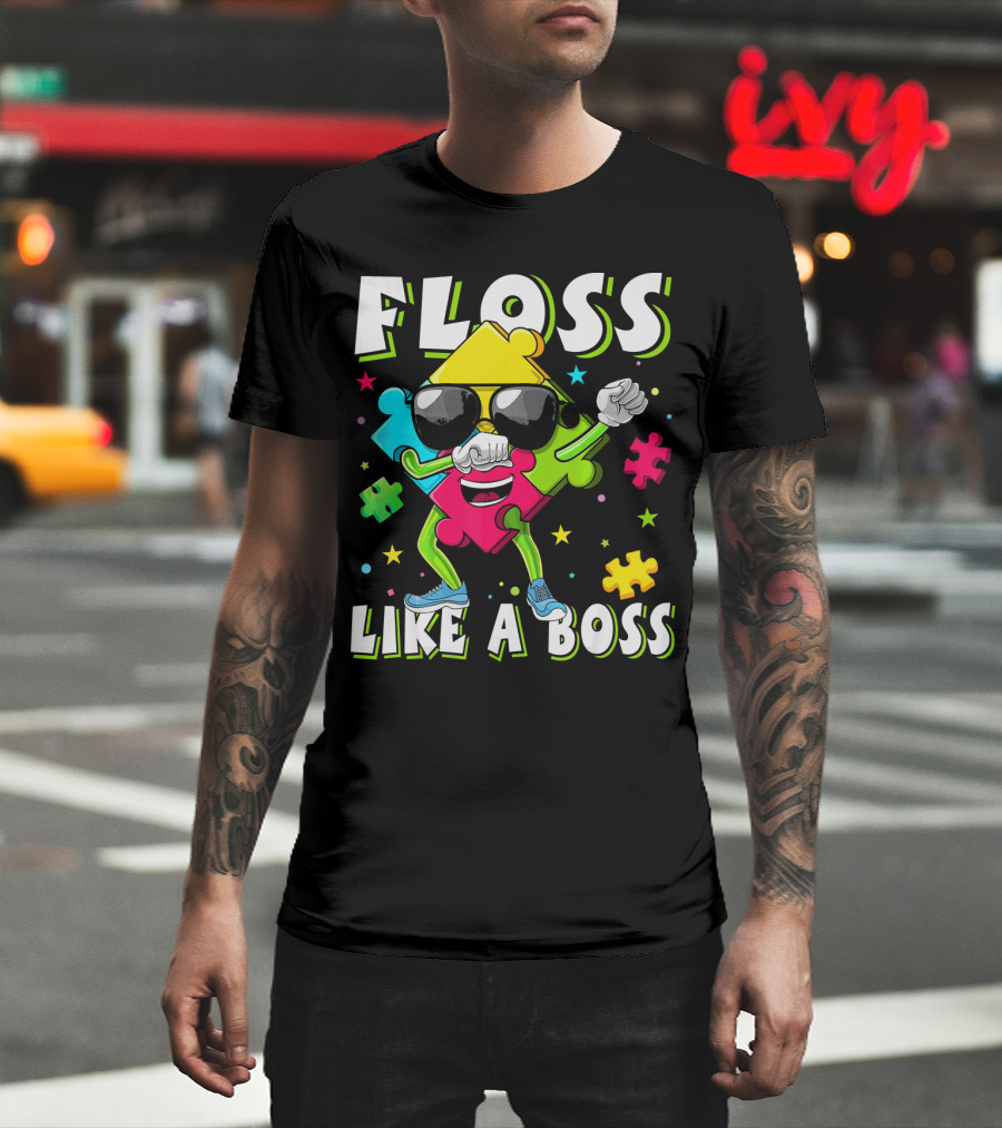 Floss Like A Boss Autism Awareness Puzzle Dance T-Shirt