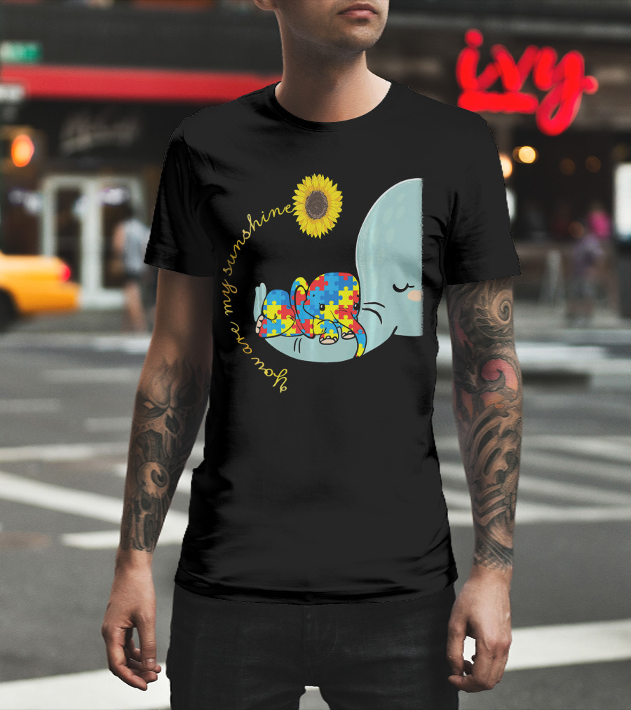 You Are My Sunshine Autism Awareness Elephant Puzzle Sunflower T-Shirt