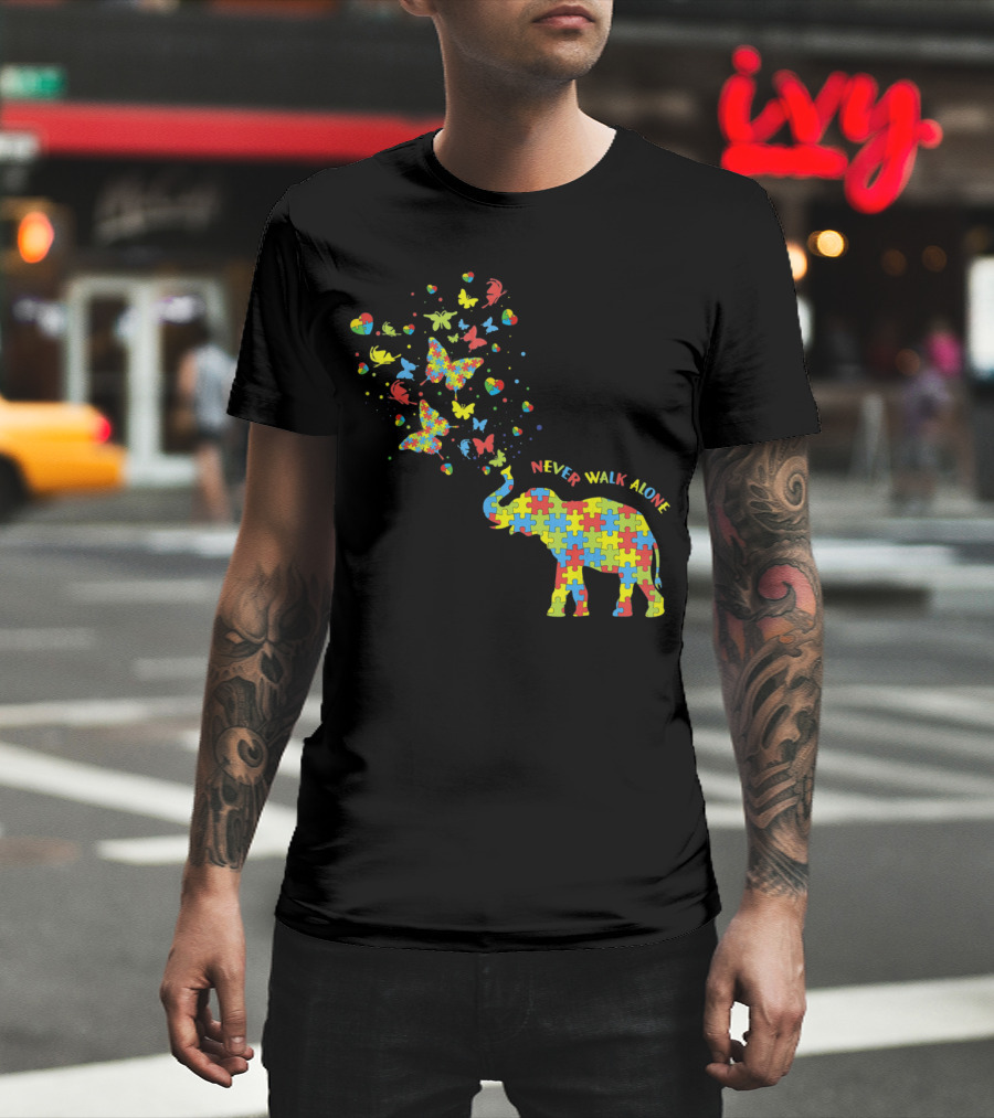 Elephants And Butterflies Autism Awareness Never Walk Alone T-Shirt