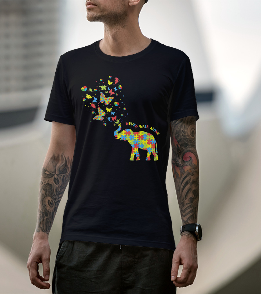 Elephants And Butterflies Autism Awareness Never Walk Alone T-Shirt