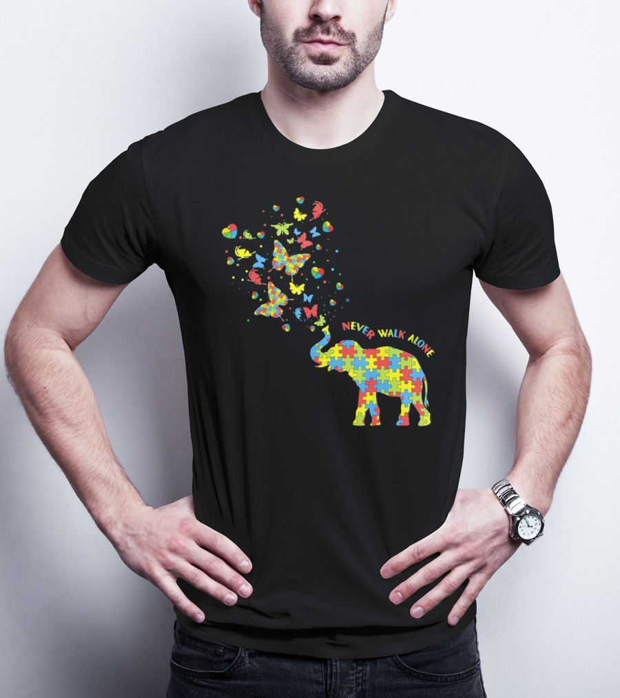 Elephants And Butterflies Autism Awareness Never Walk Alone T-Shirt