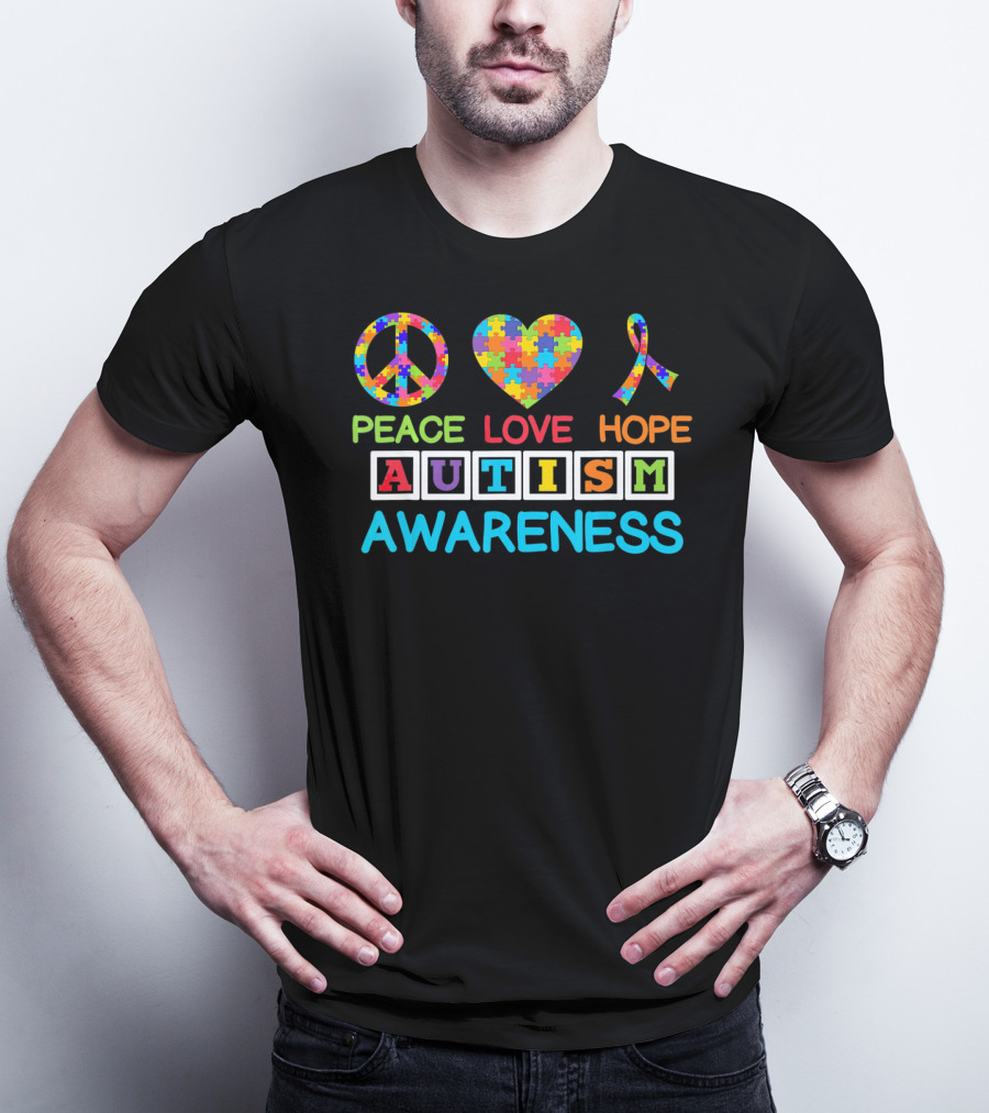 Autism Awareness Peace Love Hope Puzzle Ribbon Puzzle T-Shirt