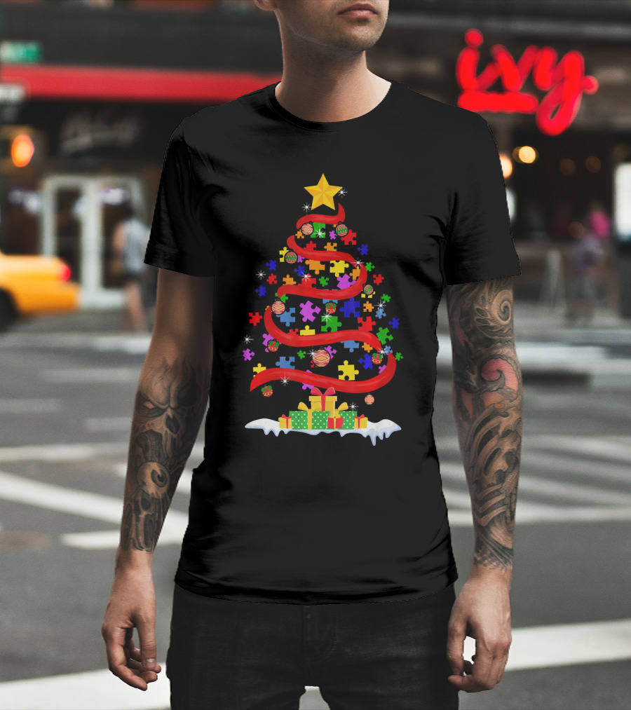 Xmas Puzzle Autism Christmas Tree With Star And Gifts T-Shirt