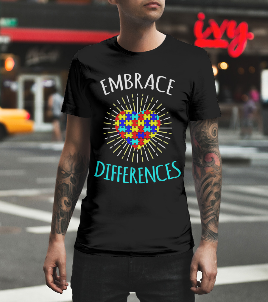 Embrace Differences Autism Awareness Puzzle Heart Rib T-Shirt