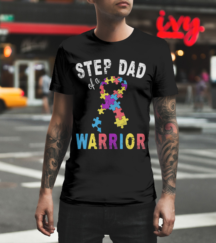 Step Dad Of A Warrior Autism Awareness Puzzle T-Shirt