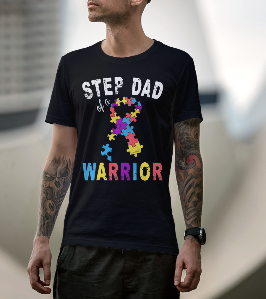 Step Dad Of A Warrior Autism Awareness Puzzle T-Shirt