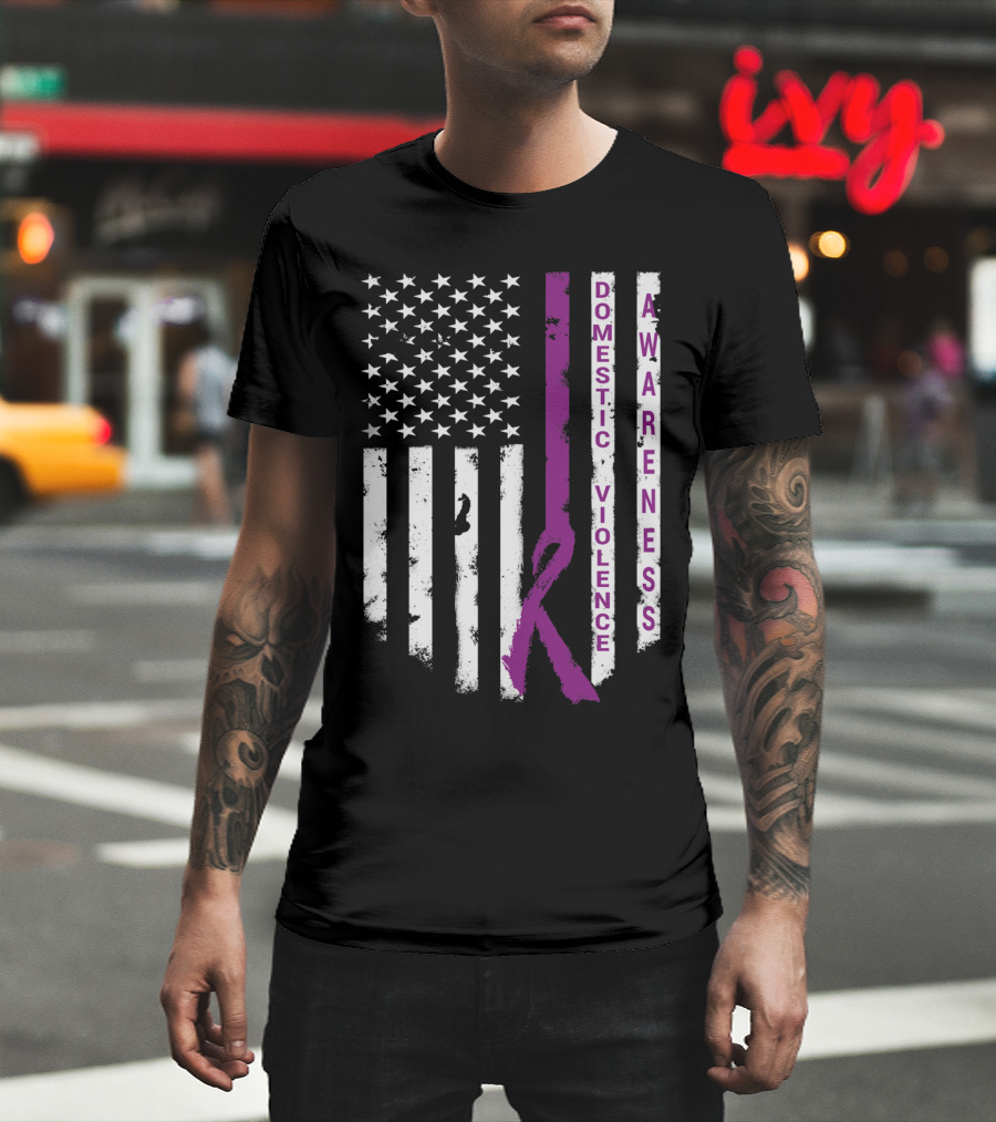 Domestic Violence Awareness Purple Ribbon American Flag T-Shirt