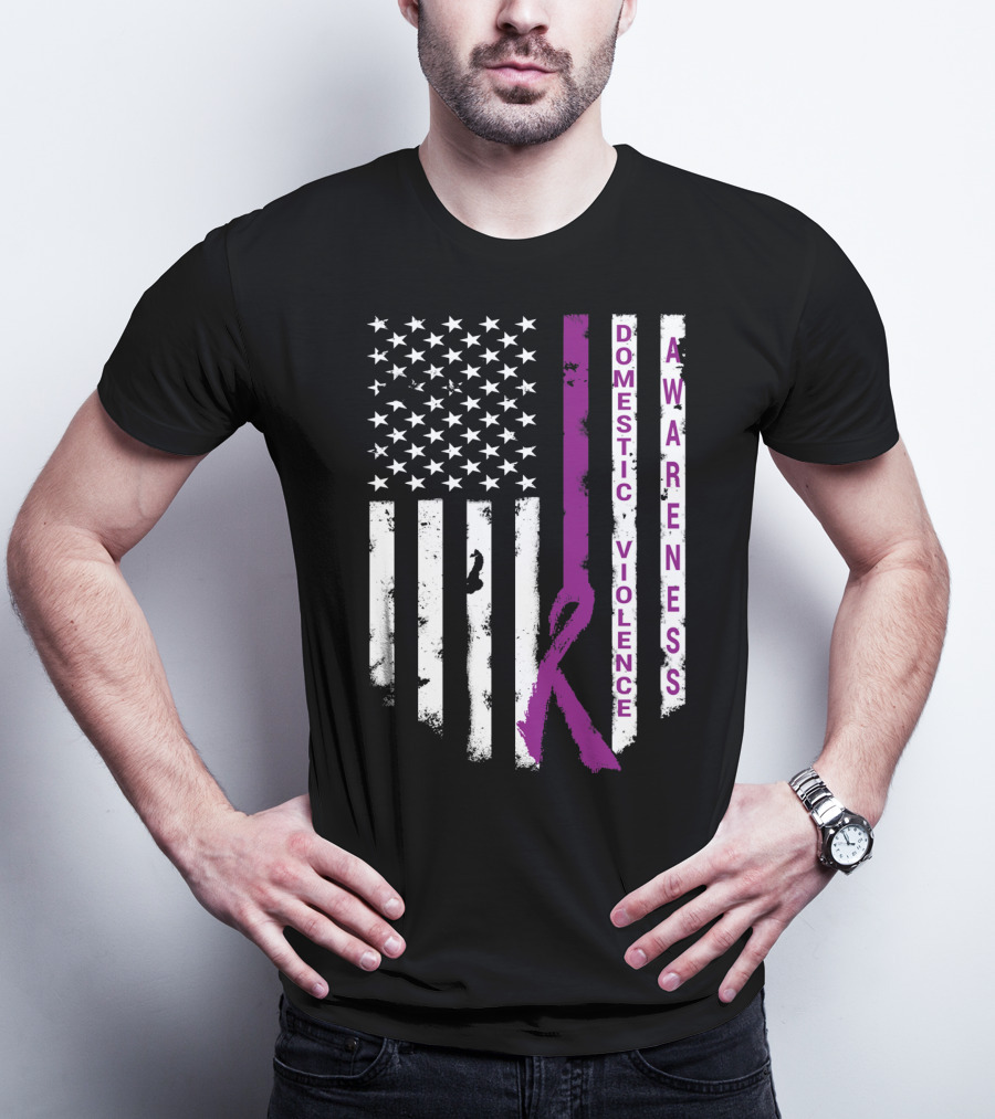 Domestic Violence Awareness Purple Ribbon American Flag T-Shirt