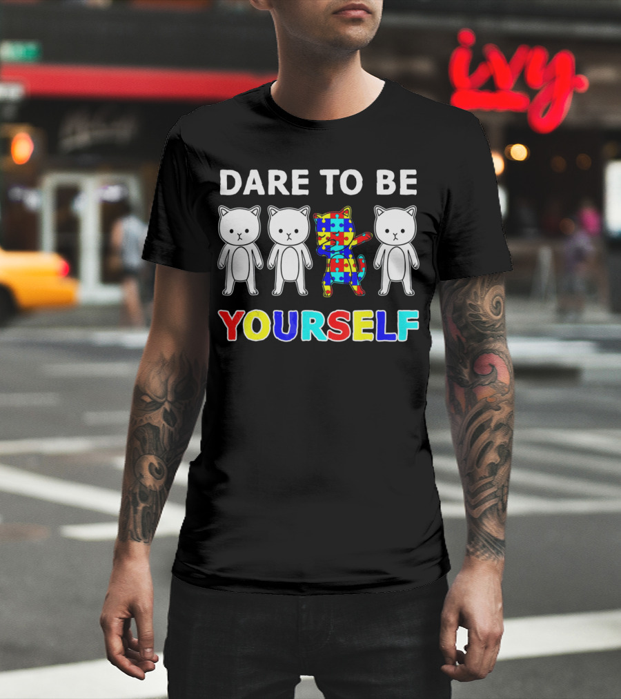 Dare To Be Yourself Cat Dabbing Autism Puzzle T-Shirt