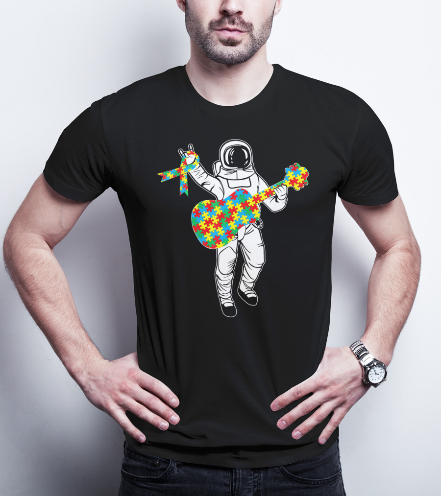 Astronaut Playing Guitar Autism Awareness Puzzle Ribbon Space T-Shirt