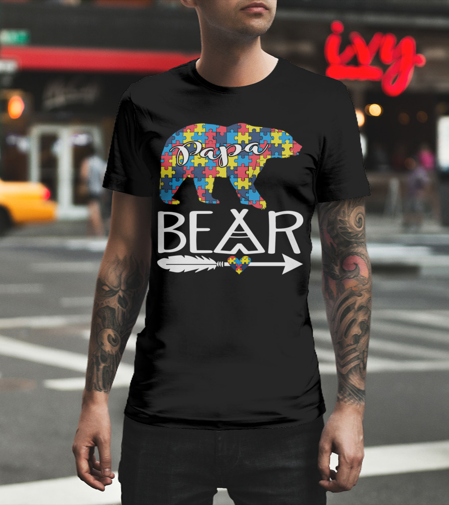 Papa Bear Puzzle Heart Autism Awareness T-Shirt
