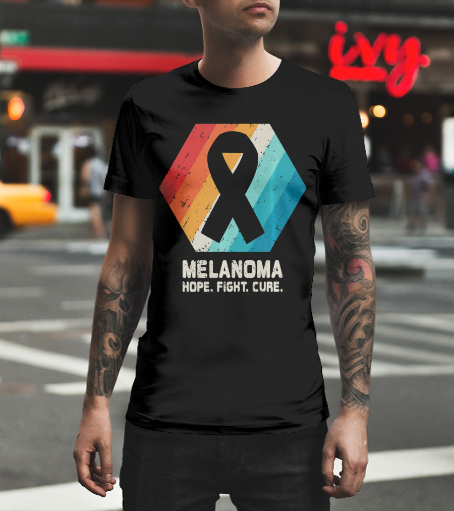 Melanoma Hope Fight Cure Awareness Ribbon Retro Stripe T-Shirt