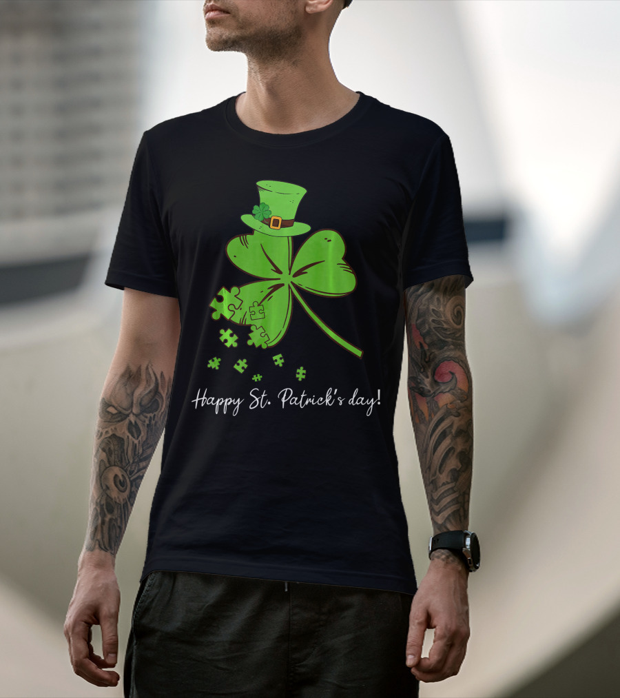 Happy St. Patrick's Day Puzzle Shamrock With Leprechaun Hat T-Shirt