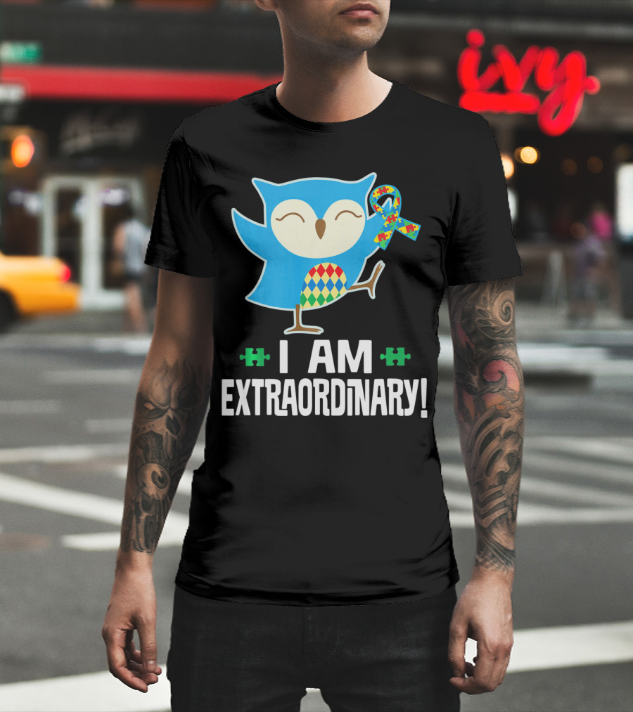 I Am Extraordinary Autism Awareness Autistic Spectrum Disor Puzzle Ribbon Owl T-Shirt