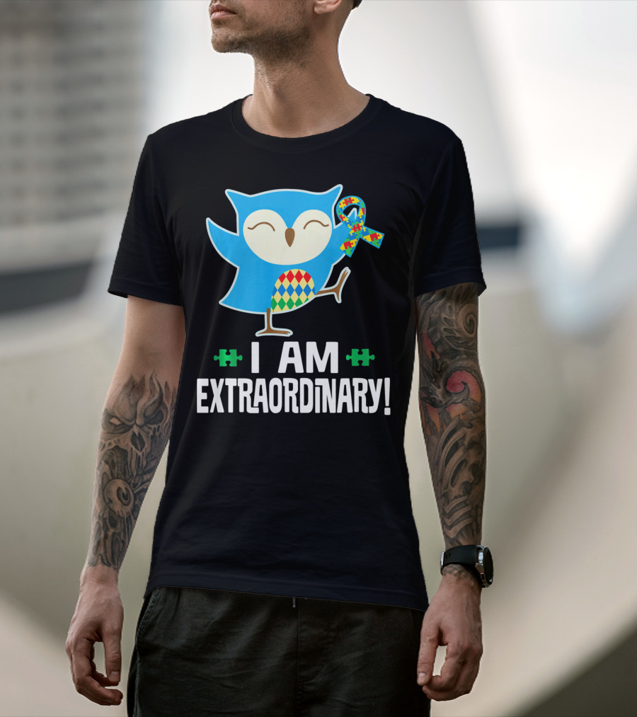I Am Extraordinary Autism Awareness Autistic Spectrum Disor Puzzle Ribbon Owl T-Shirt