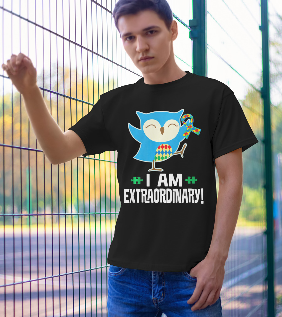I Am Extraordinary Autism Awareness Autistic Spectrum Disor Puzzle Ribbon Owl T-Shirt