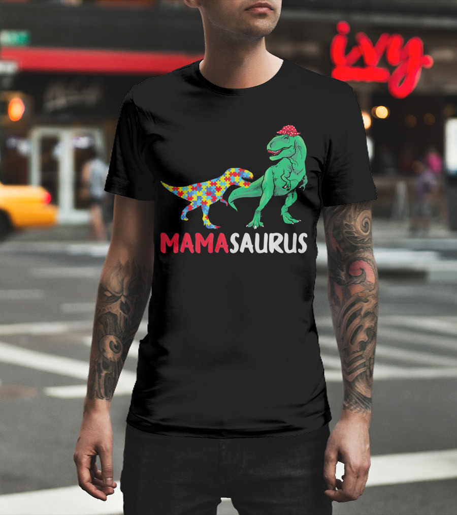 Mamasaurus Mama Dinosaur Puzzle Pattern Autism Awareness T-Shirt