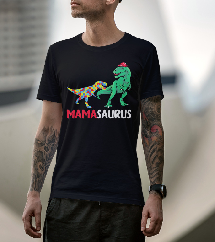 Mamasaurus Mama Dinosaur Puzzle Pattern Autism Awareness T-Shirt