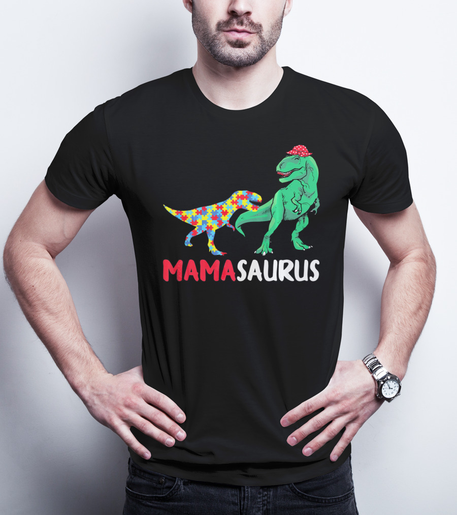 Mamasaurus Mama Dinosaur Puzzle Pattern Autism Awareness T-Shirt