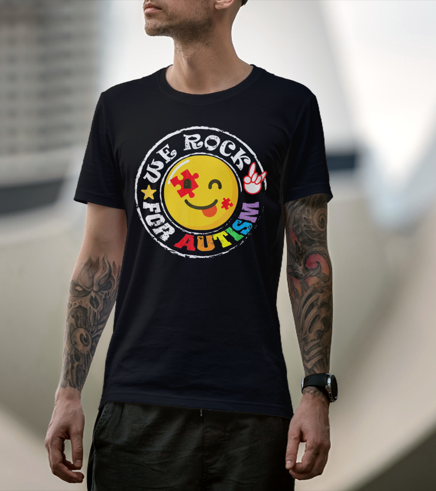 We Rock For Autism Puzzle Face Emoji With Hand Sign T-Shirt