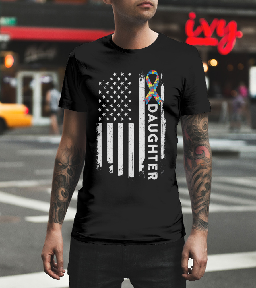 Daughter Autism Awareness American Flag Puzzle T-Shirt