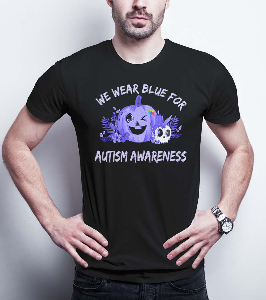 We Wear Blue For Autism Awareness Pumpkin Winking Face T-Shirt