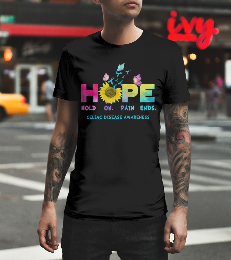 HOPE Hold On Pain Ends Celiac Disease Awareness Ribbon Sunflower Butterfly T-Shirt