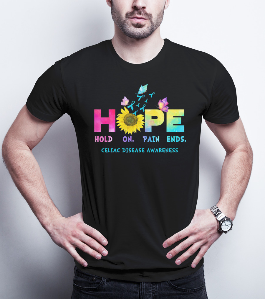 HOPE Hold On Pain Ends Celiac Disease Awareness Ribbon Sunflower Butterfly T-Shirt