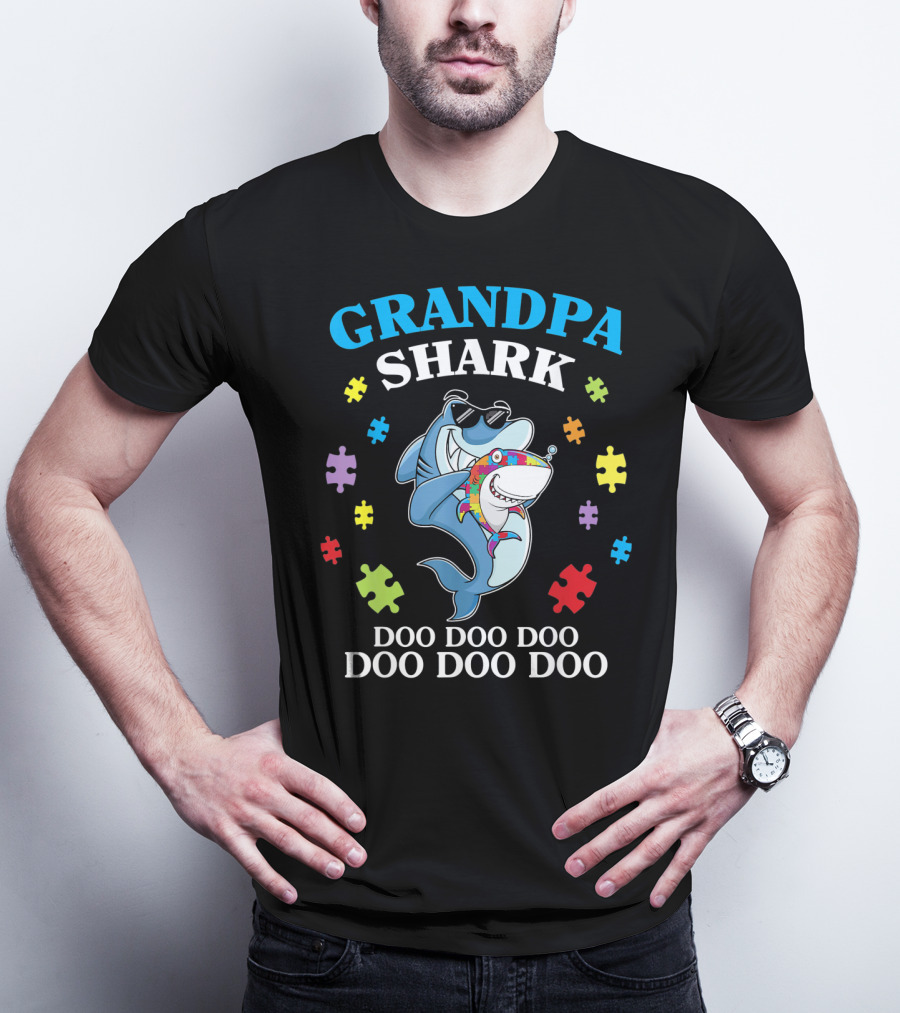 Grandpa Shark Doo Doo Doo Doo Funny Autism Puzzle Pieces T-Shirt