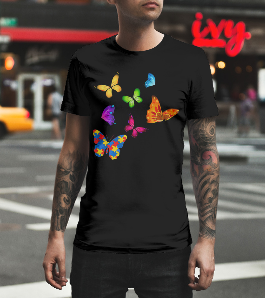 Autism Awareness Butterfly With Multicolored Puzzle T-Shirt