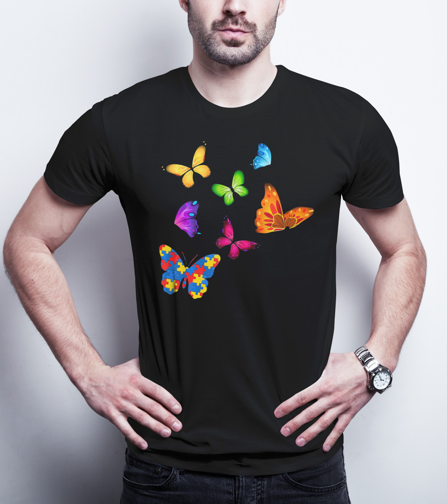 Autism Awareness Butterfly With Multicolored Puzzle T-Shirt