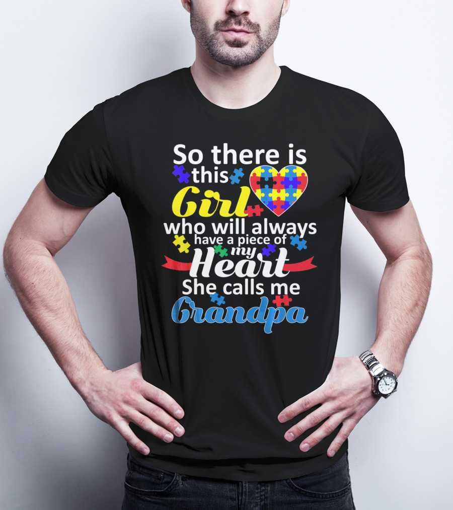 Autism Awareness Puzzle Heart Girl Grandpa T-Shirt