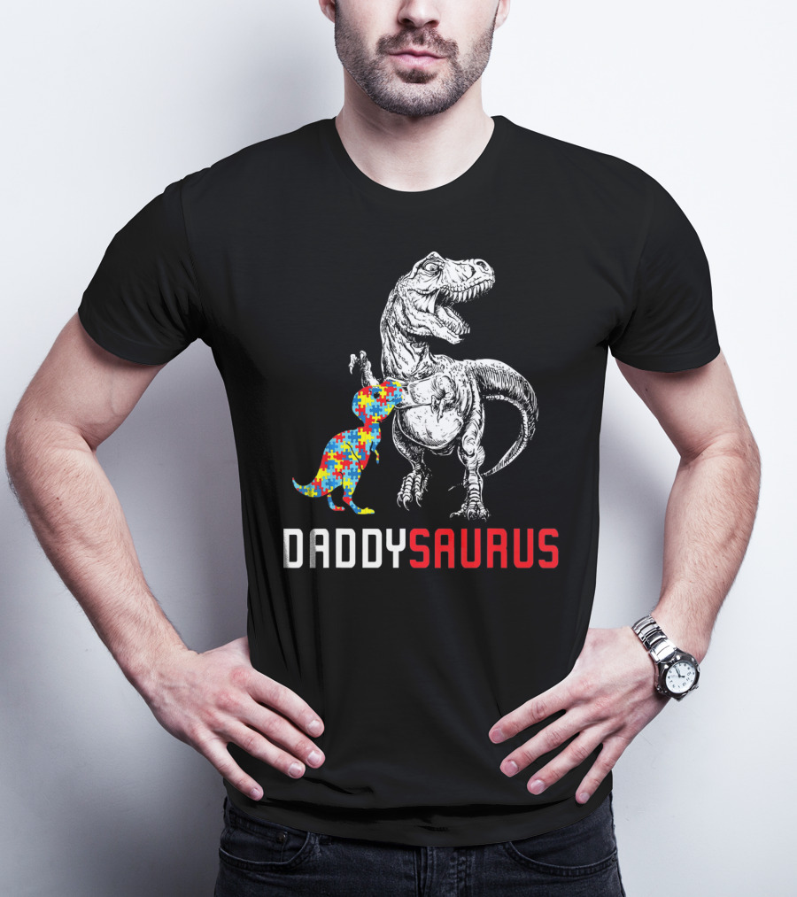 Daddysaurus Dinosaur With Colorful Puzzle Autism Awareness Dad T-Shirt