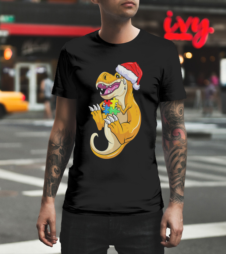 Christmas Autism Awareness Dinosaur Santa Hat Puzzle Pieces T-Shirt