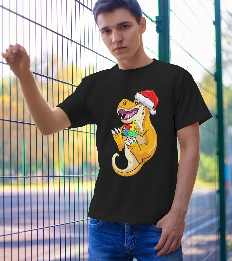 Christmas Autism Awareness Dinosaur Santa Hat Puzzle Pieces T-Shirt