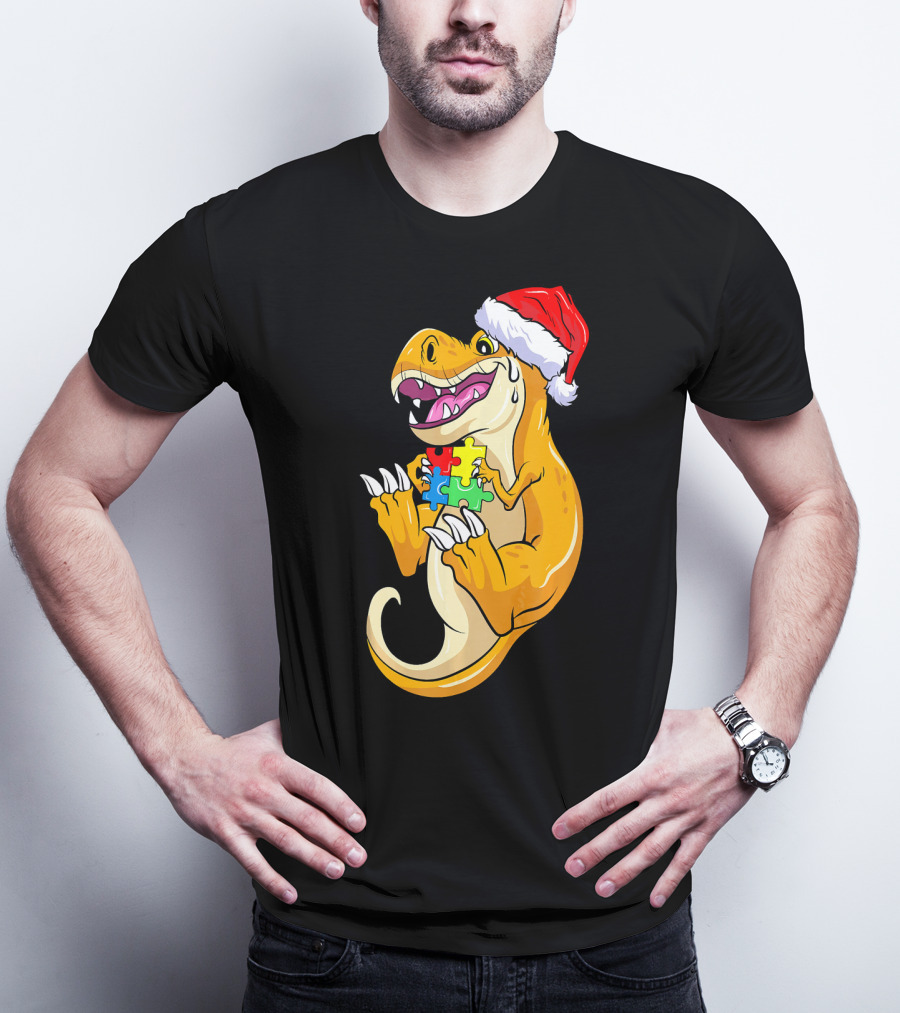 Christmas Autism Awareness Dinosaur Santa Hat Puzzle Pieces T-Shirt