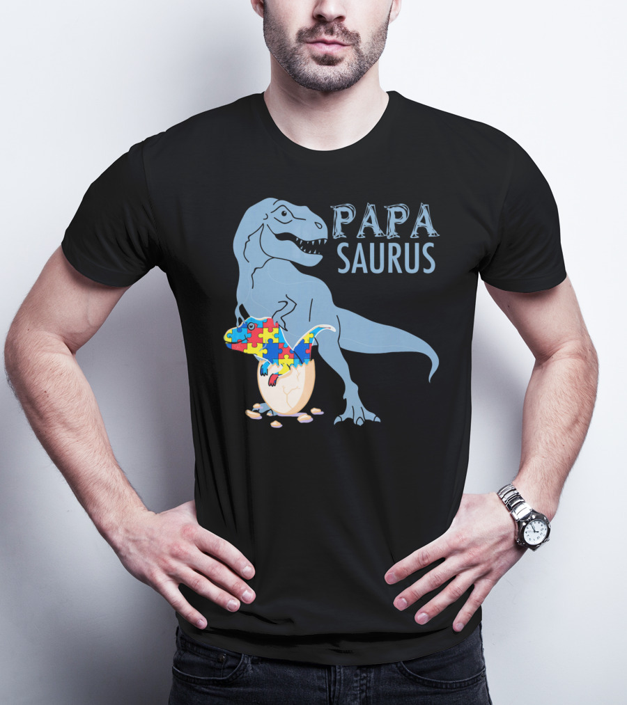Papasaurus Autism Awareness Dinosaur Puzzle Pieces T-Shirt