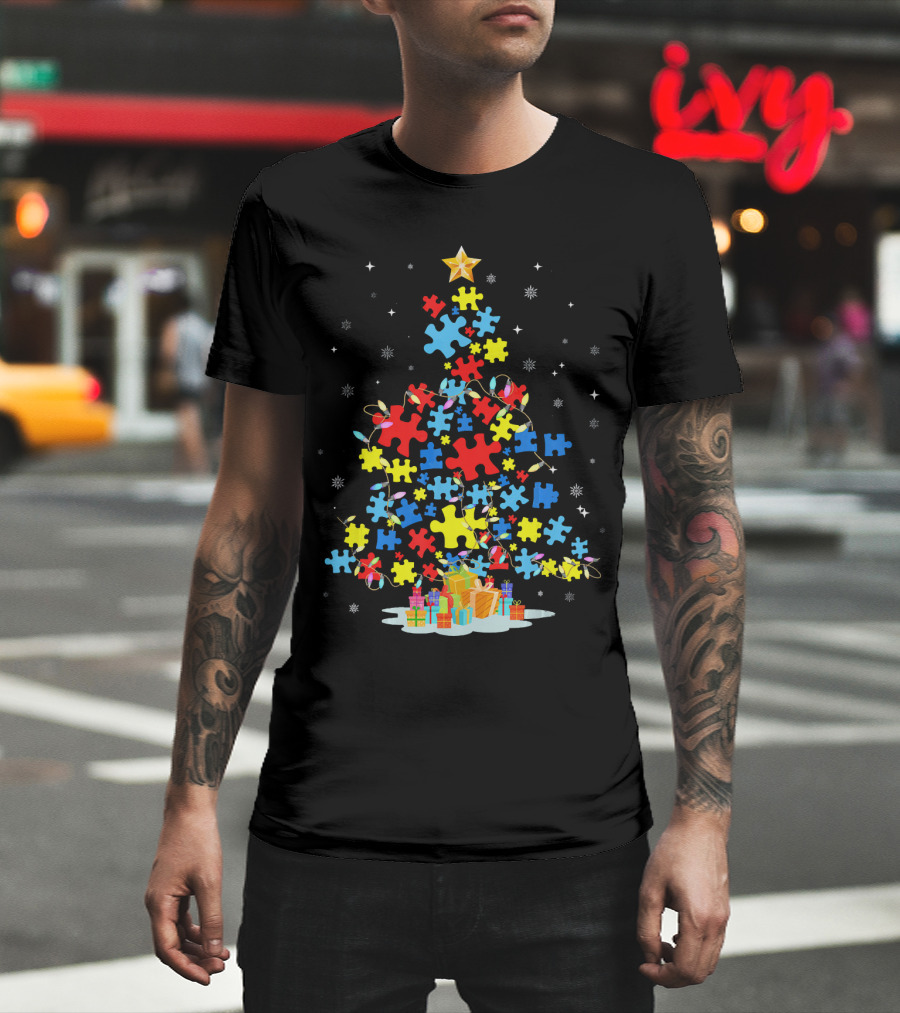 Puzzle Piece Autism Awareness Christmas Tree T-Shirt