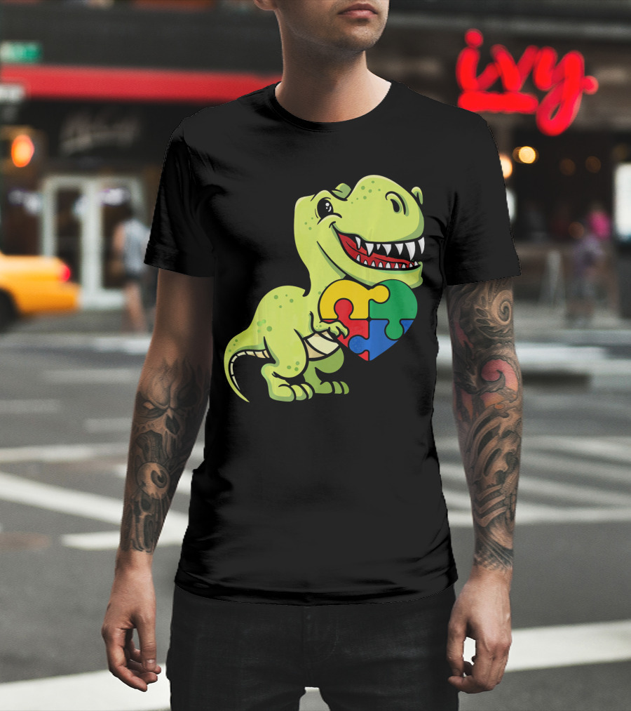 Autism Awareness Day Dinosaur T-Rex Holding Puzzle Heart T-Shirt
