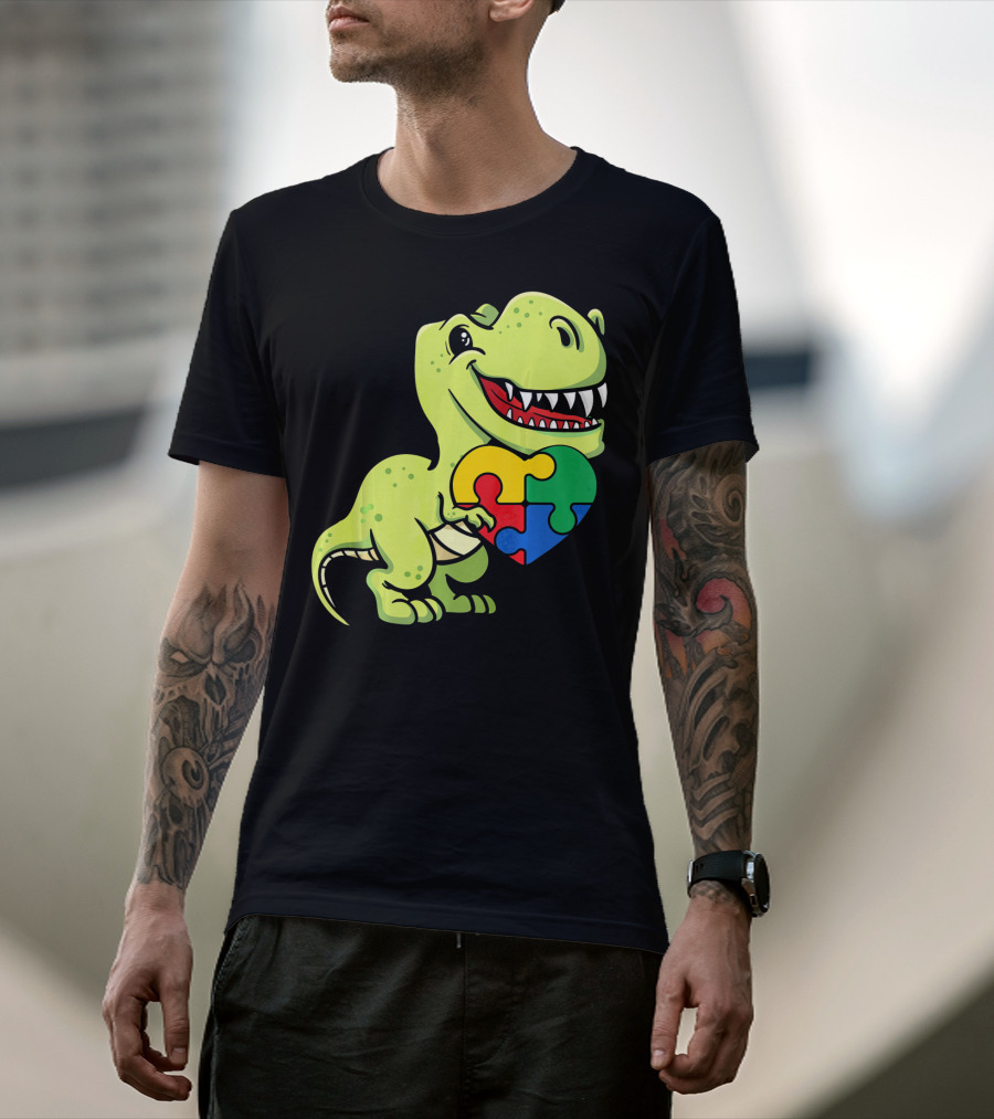 Autism Awareness Day Dinosaur T-Rex Holding Puzzle Heart T-Shirt