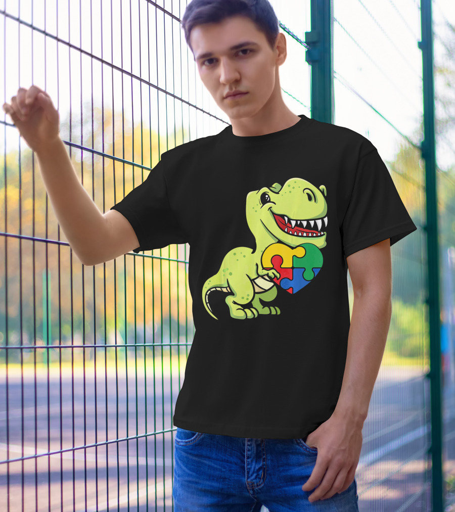 Autism Awareness Day Dinosaur T-Rex Holding Puzzle Heart T-Shirt