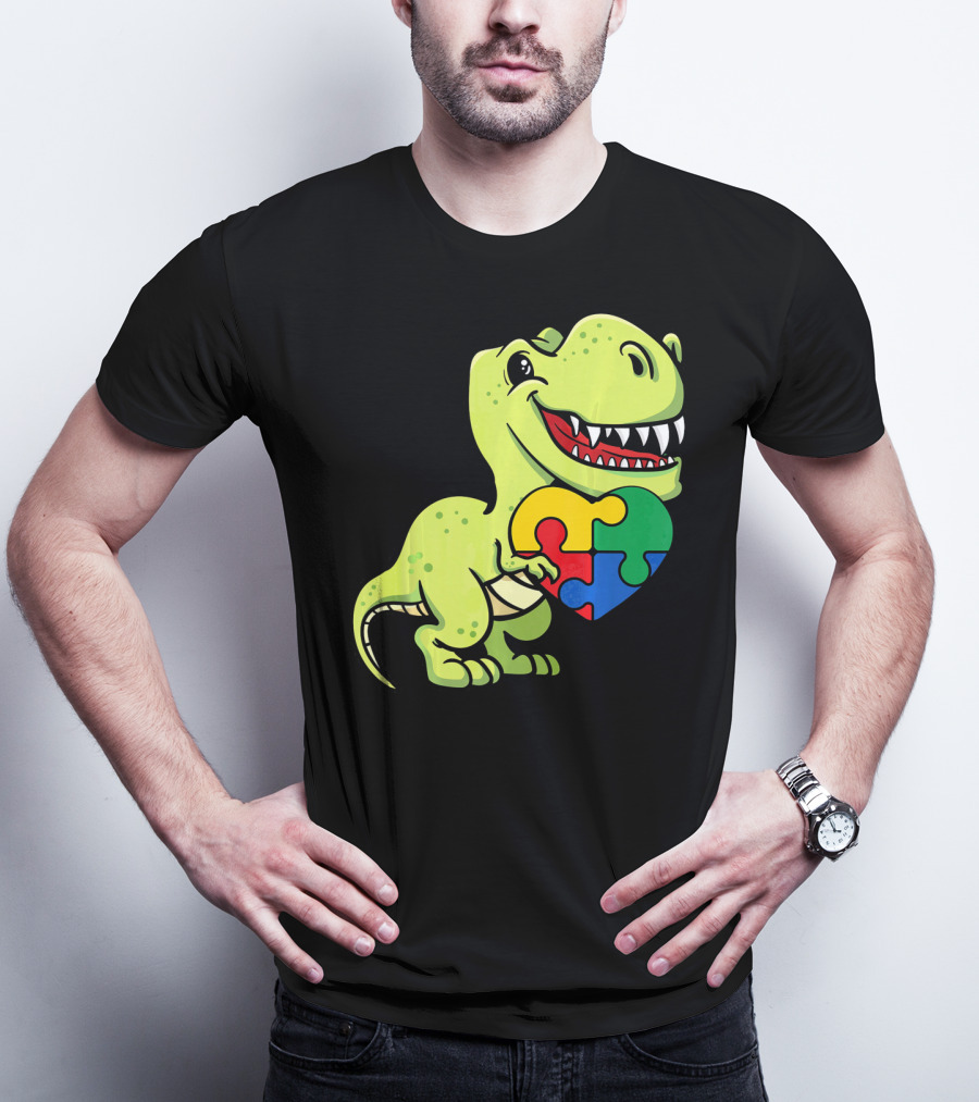 Autism Awareness Day Dinosaur T-Rex Holding Puzzle Heart T-Shirt