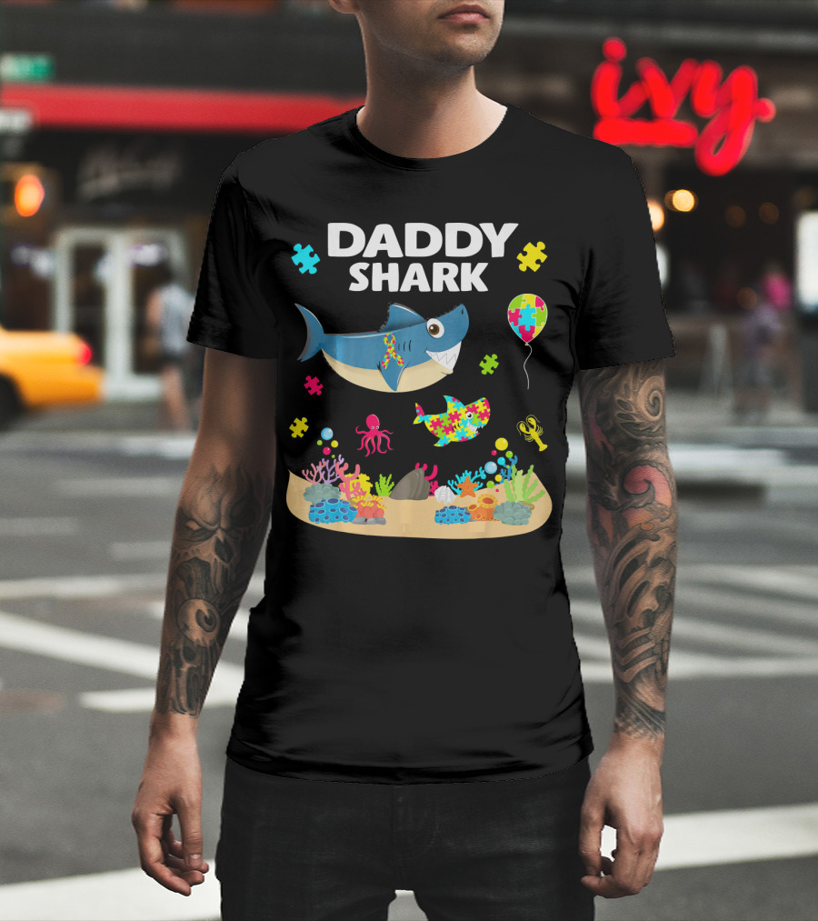 Daddy Shark Funny Autism Awareness Underwater Scene With Balloons And Puzzle Pieces T-Shirt