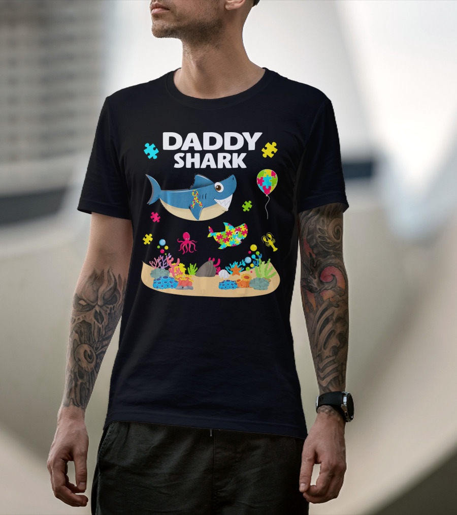 Daddy Shark Funny Autism Awareness Underwater Scene With Balloons And Puzzle Pieces T-Shirt