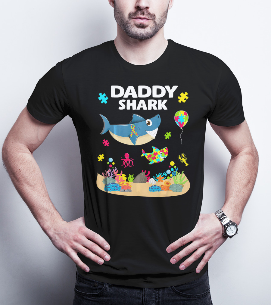Daddy Shark Funny Autism Awareness Underwater Scene With Balloons And Puzzle Pieces T-Shirt