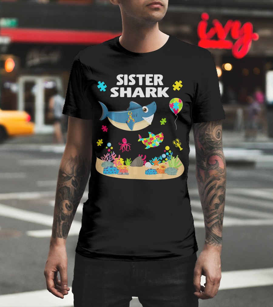 Sister Shark Autism Awareness Puzzle Pieces Ocean T-Shirt