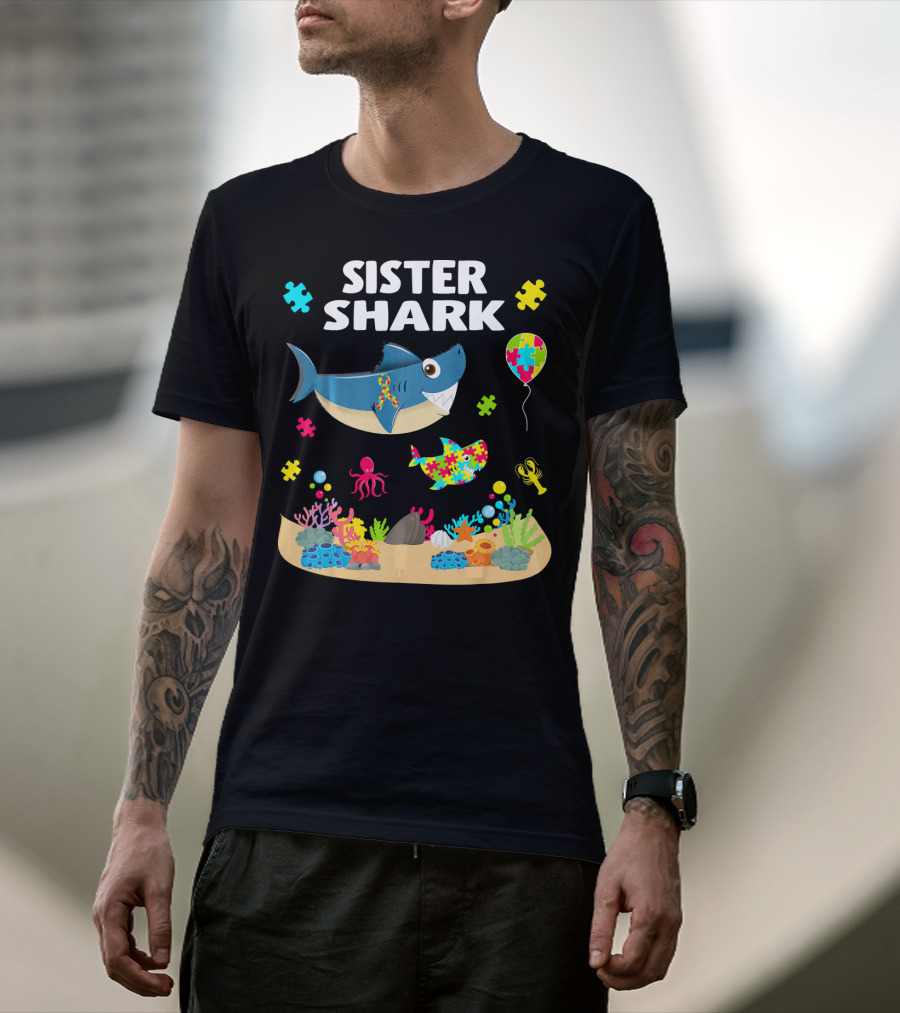 Sister Shark Autism Awareness Puzzle Pieces Ocean T-Shirt