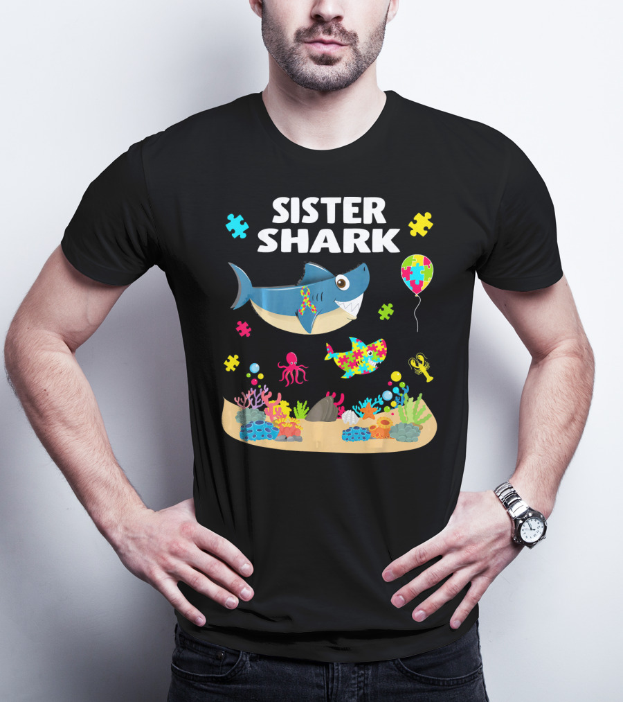 Sister Shark Autism Awareness Puzzle Pieces Ocean T-Shirt