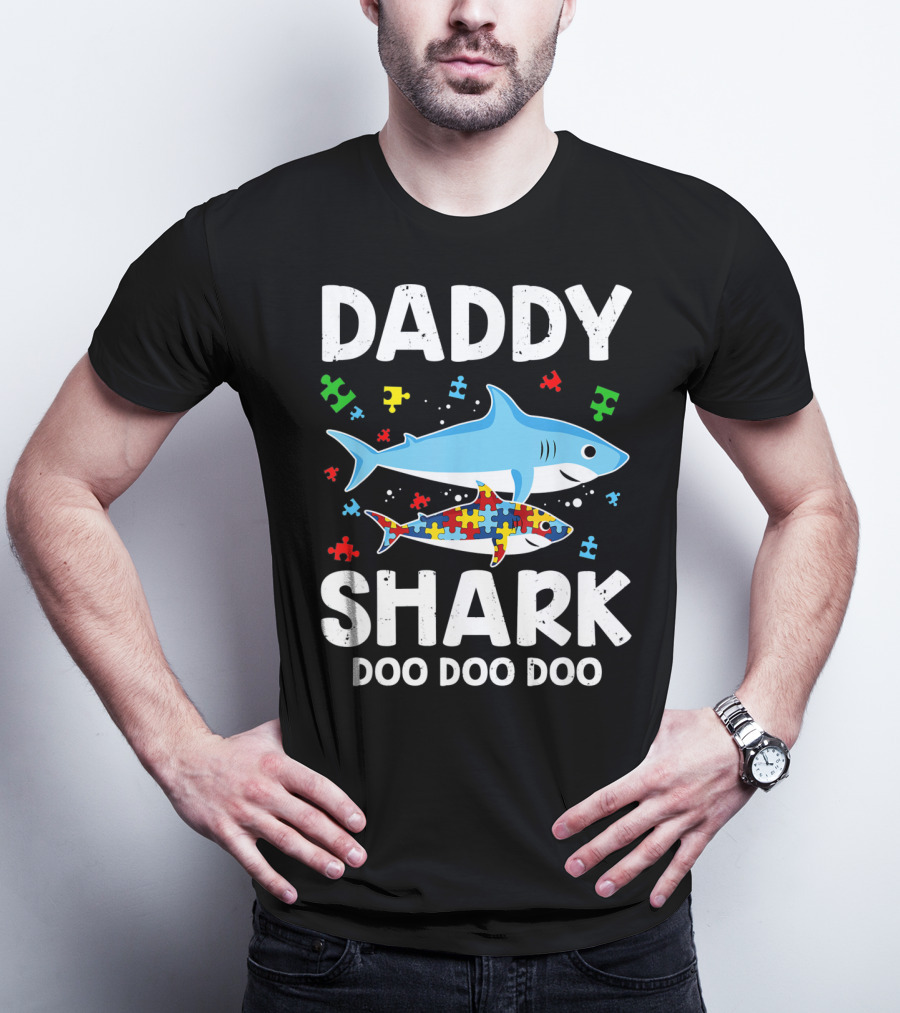 Daddy Shark Doo Doo Doo Autism Awareness Puzzle Piece T-Shirt