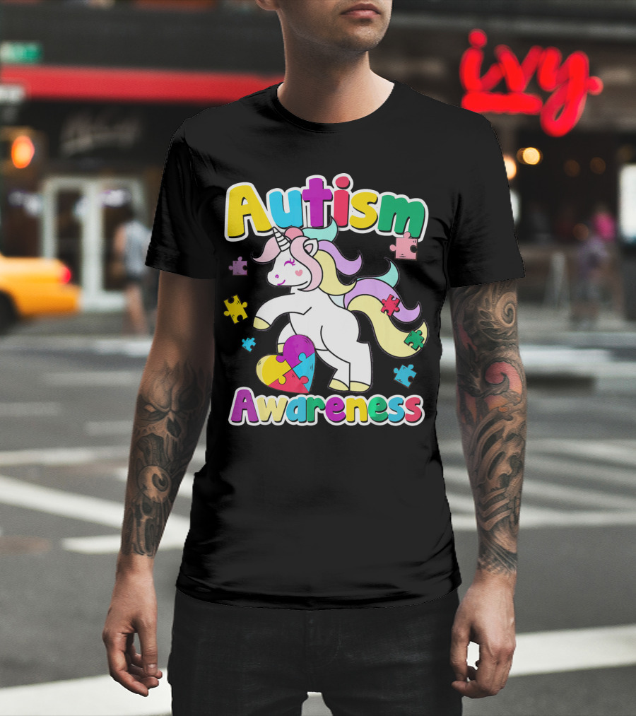 Autism Awareness Unicorn Puzzle Pieces Rainbow Heart T-Shirt
